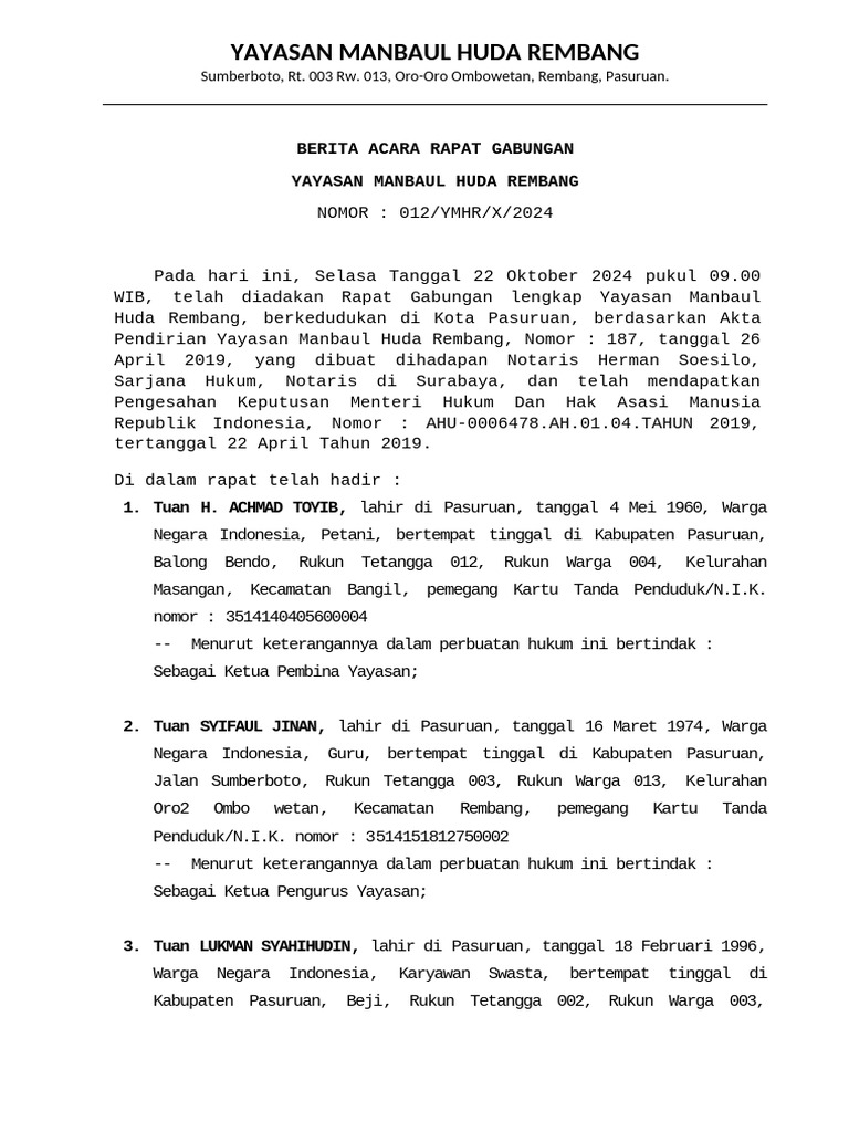 BA Rapat Gabungan YAYASAN - Contoh | PDF | Gaya Hidup