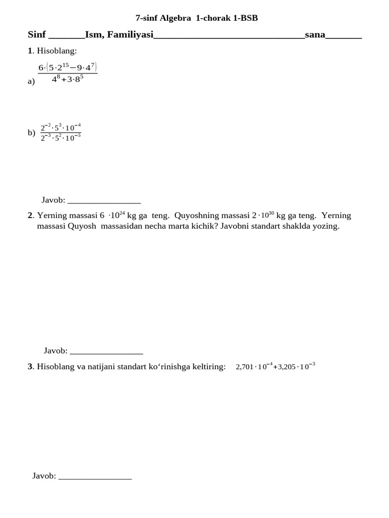 7-Sinf Algebra Ixtisoslashgan 1-BSB | PDF