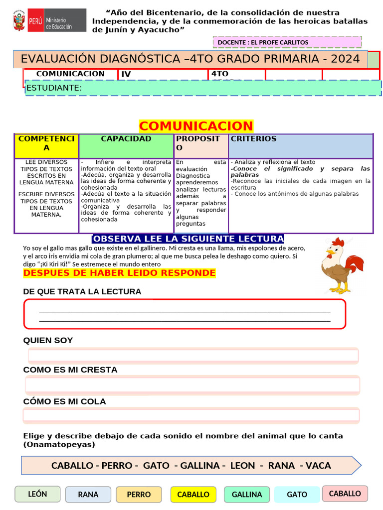 Evaluacion Diagnostica - 4to Grado-Primaria-2024 | PDF | Evaluación ...