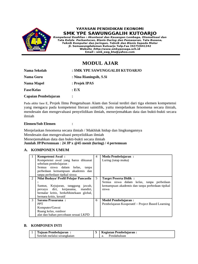 Modul Ajar Projek IPAS SMK YPE | PDF