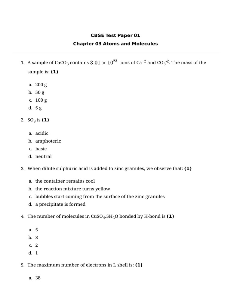 Atoms and Molecules Test Paper | PDF