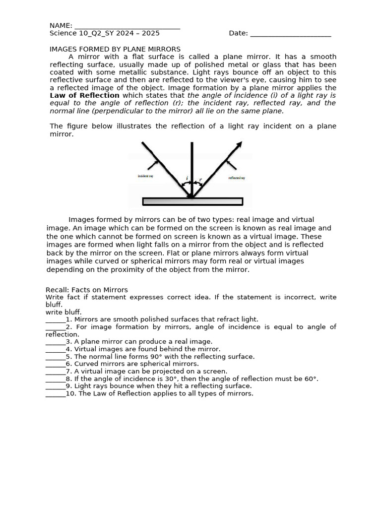 S10 Activity Images Formed by Mirrors Oct 29-30-2024 | PDF | Mirror ...