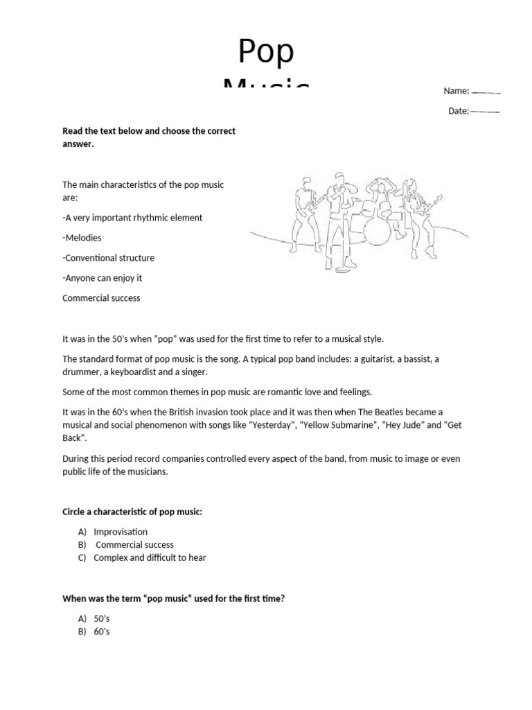 Pop Music Worksheet | PDF