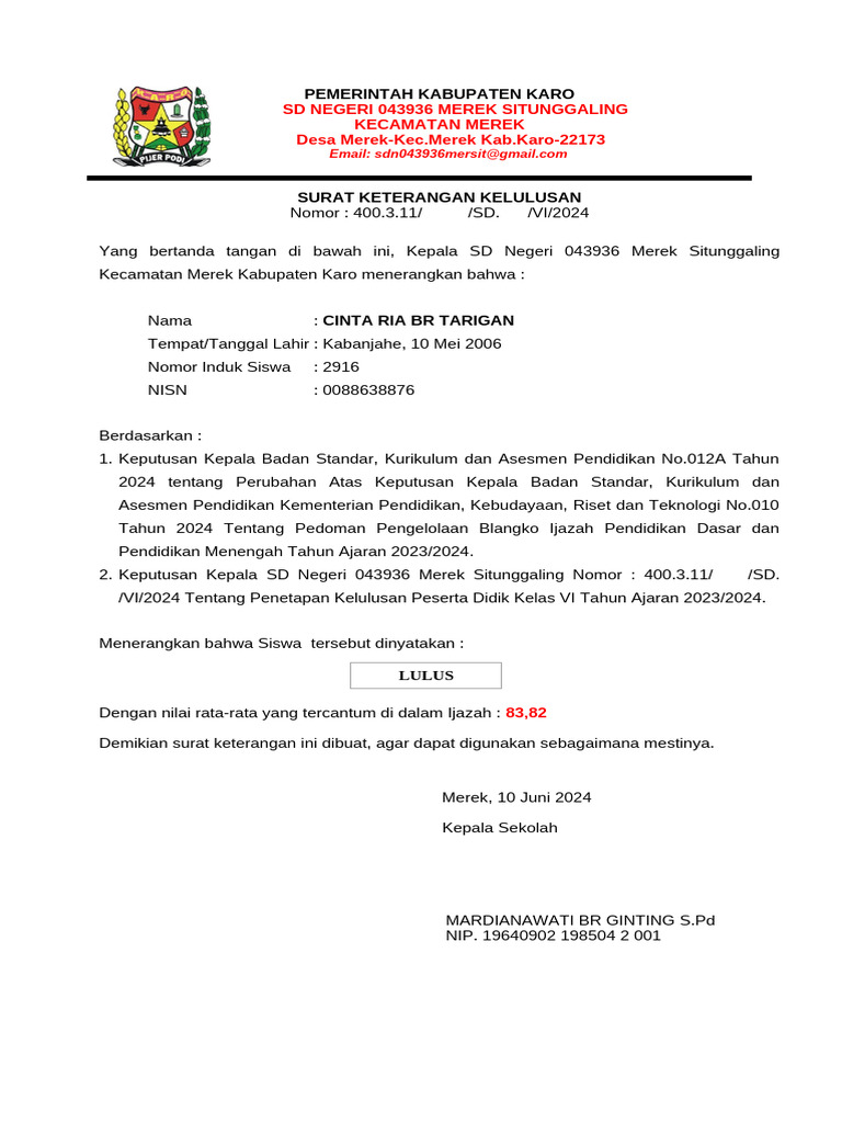 Revisi SK Kepala Sekolah Tentang Kelulusan Dan SKL SD 2024 | PDF