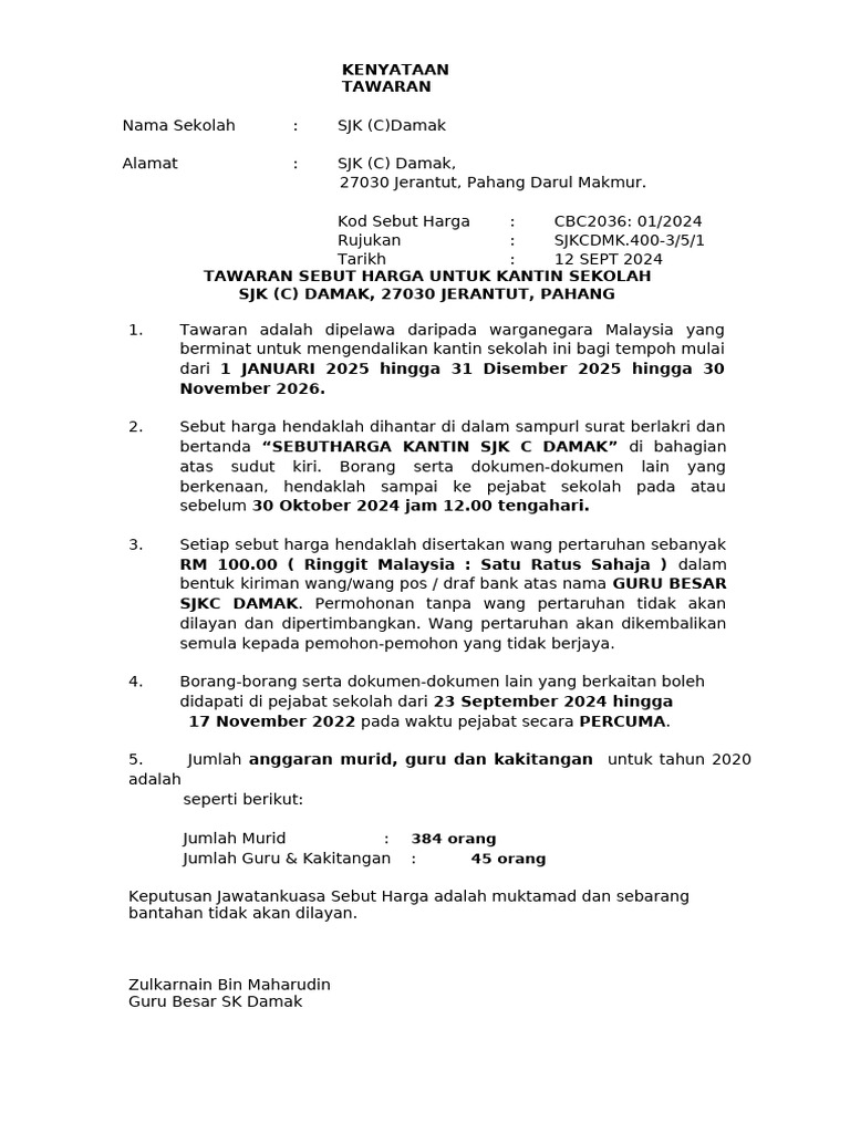 Contoh Format Sebut Harga Kantin | PDF