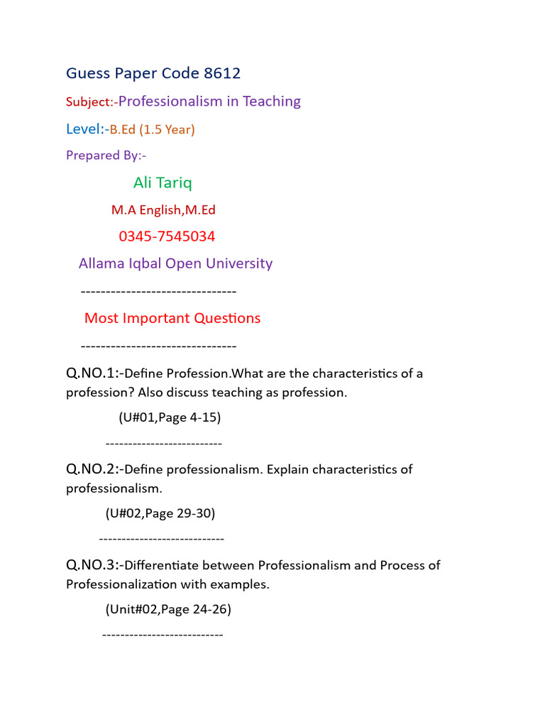 Ali (Guess Paper 8612) - 1 | PDF | Teacher Education | Teachers