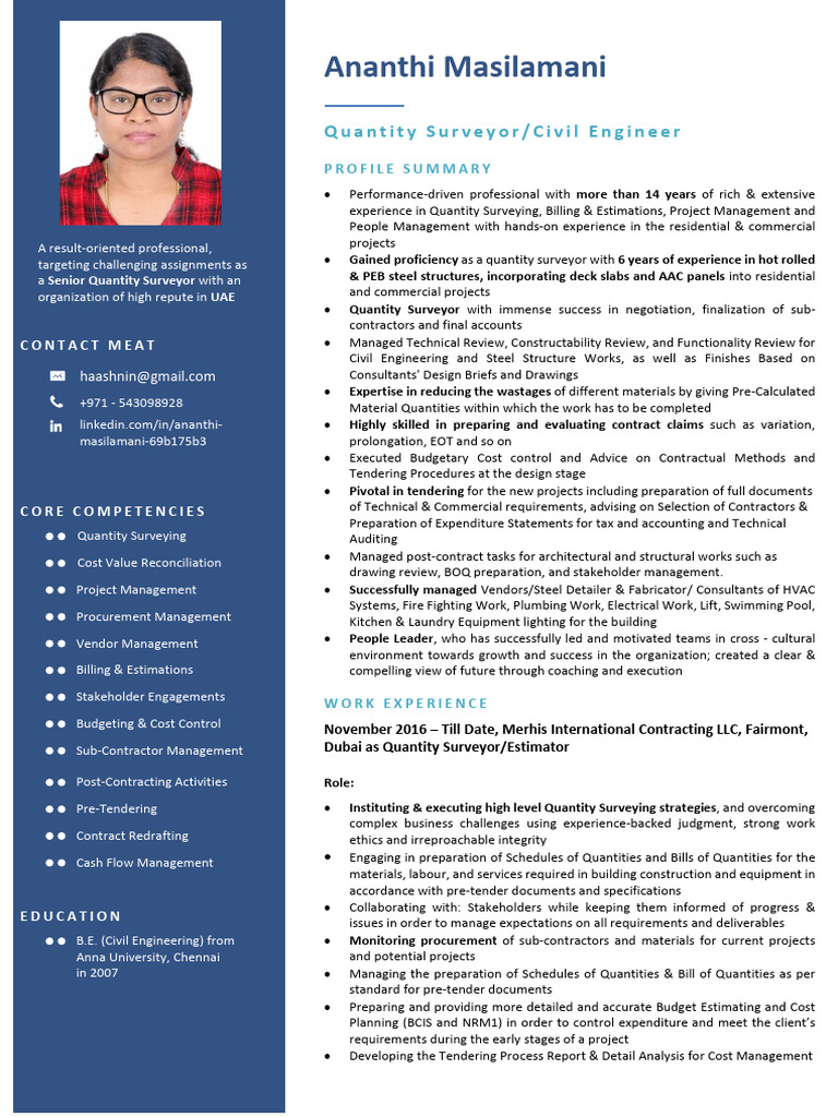 Senior Quantity Surveyor Profile | PDF | United Arab Emirates | Procurement