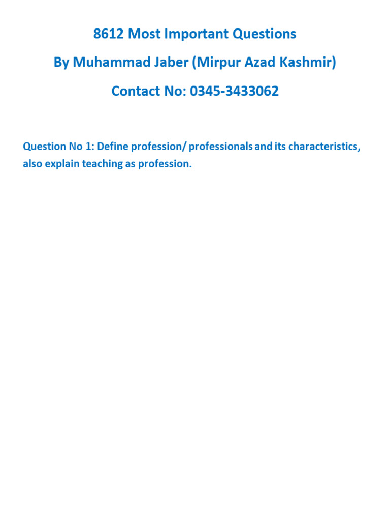 8612 Most Important Questions M.JABER | PDF | Teachers | Profession
