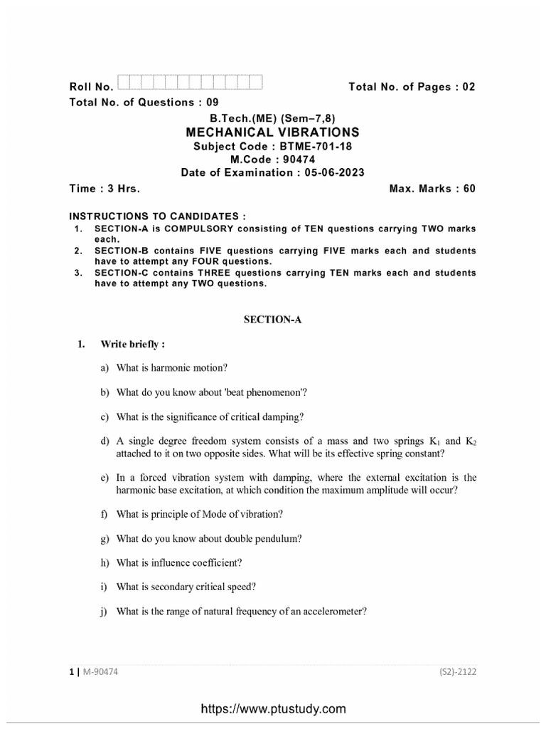 Btech Me 7 Sem 8 Sem Mechanical Vibrations 90474 Jun 2023 | PDF