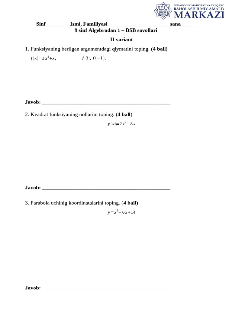 9_sinf_Algebra_1_chorak_2_variant_bsb_@summativ_formativ_baholash | PDF