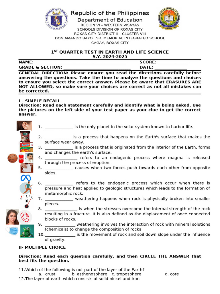 1st Quarter Earth Science Test 2024-2025 | PDF | Atmosphere Of Earth ...