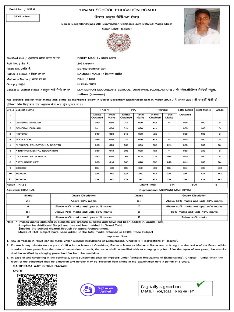 PSEB 12th Certificate Details | PDF | Educational Stages