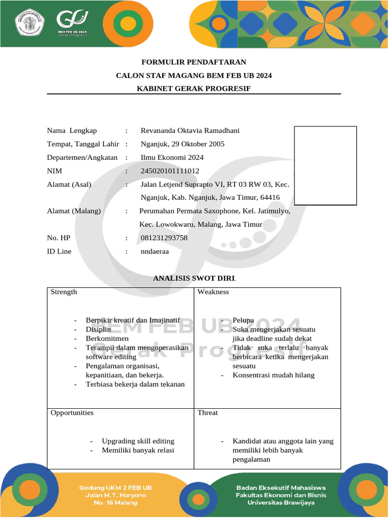 Pendaftaran Staf Magang BEM FEB UB 2024 | PDF