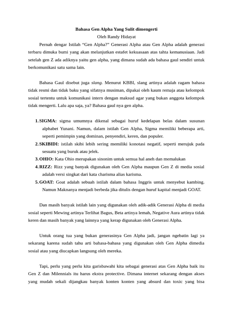 Bahasa Gen Alpha Yang Sulit Dimengerti Oleh Randy Hidayat | PDF