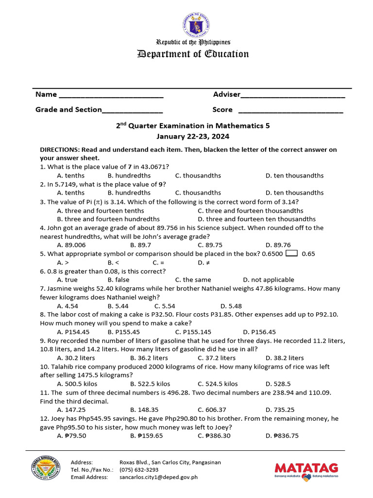 Validated TQ Math5 Q2 SY23-24 | PDF | Mathematics