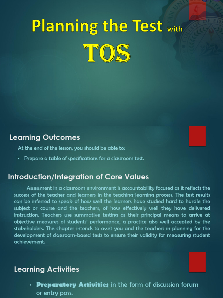 Lesson 5 Planning The Test With TOS | PDF | Educational Assessment ...