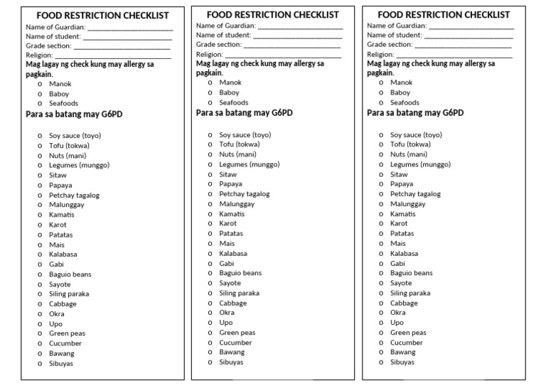 Food-restriction-checklistsurvey | PDF