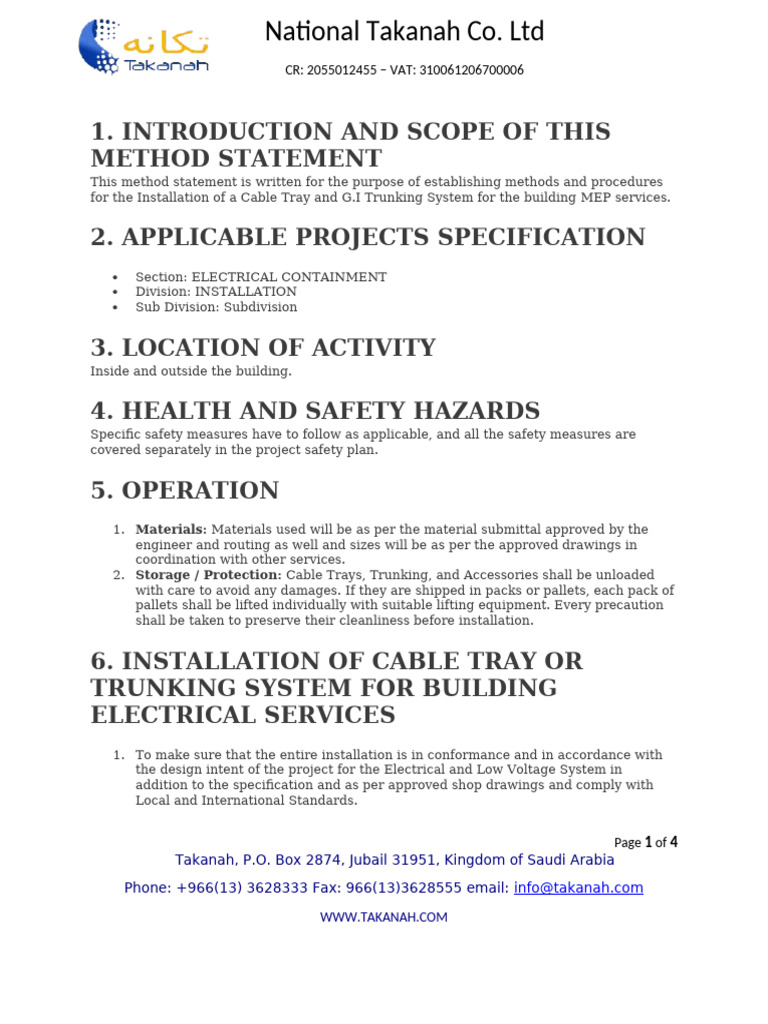 Cable Tray Installation Mos | PDF | Pallet | Manufactured Goods