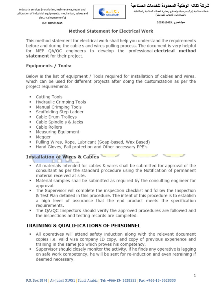 Method Statement For Electrical Work | PDF | Wire | Pipe (Fluid Conveyance)