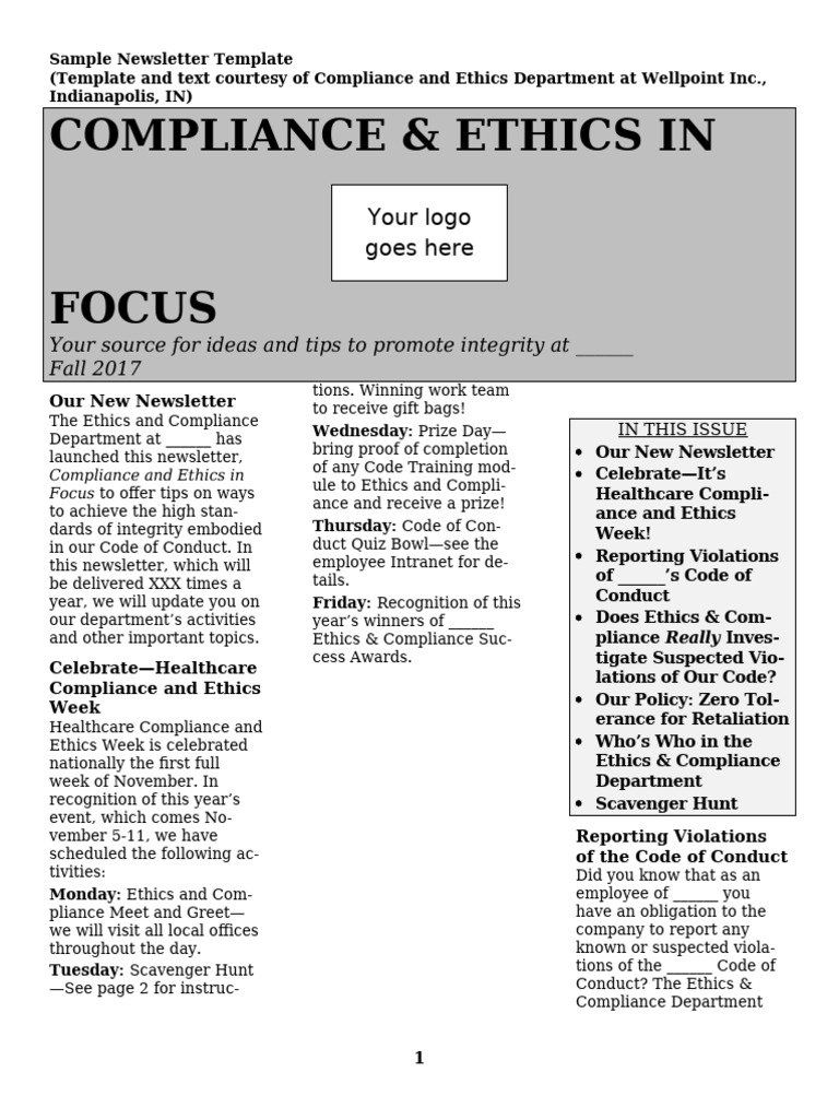 Compliance Newsletter Template | PDF | Regulatory Compliance | Business