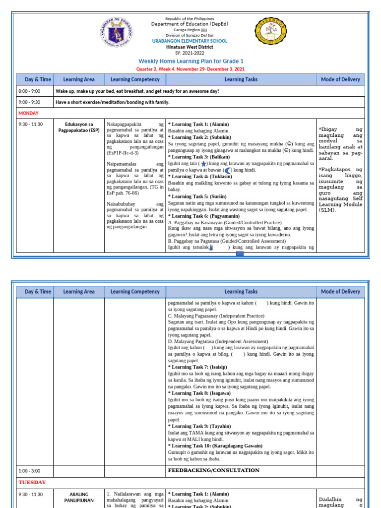 Grade 1 - All Subjects - WHLP - Q2 - W4 | PDF