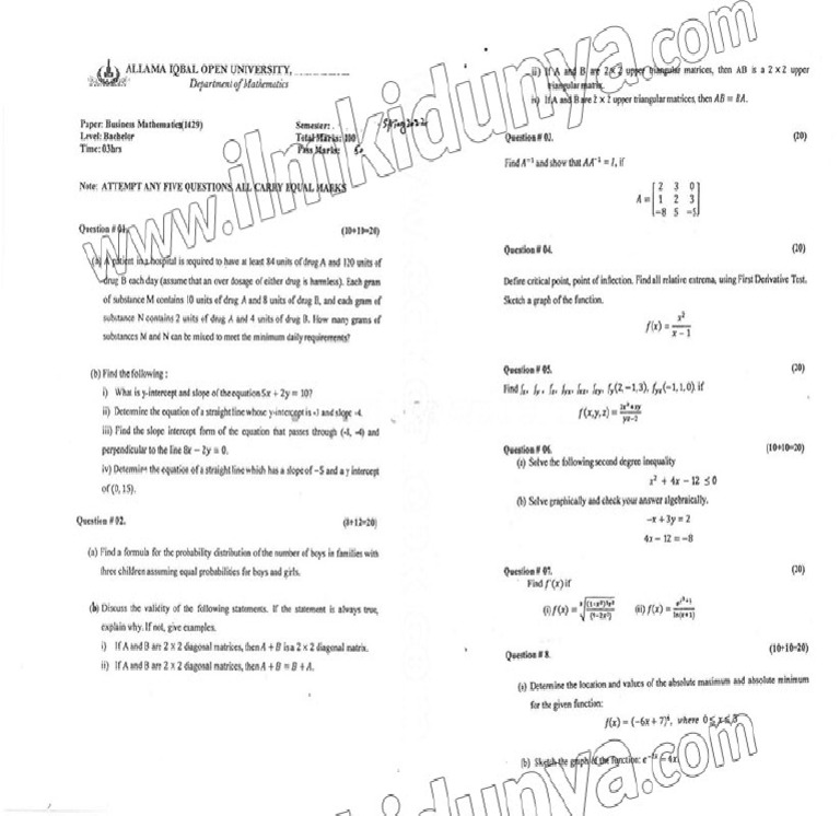 Past Papers 2022 Allama Iqbal Open University BCom Business Mathematics ...