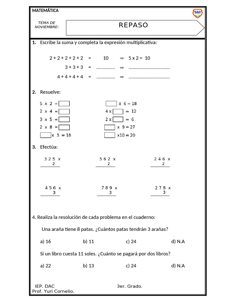 Ejercicios de Matemática para 3er Grado | PDF
