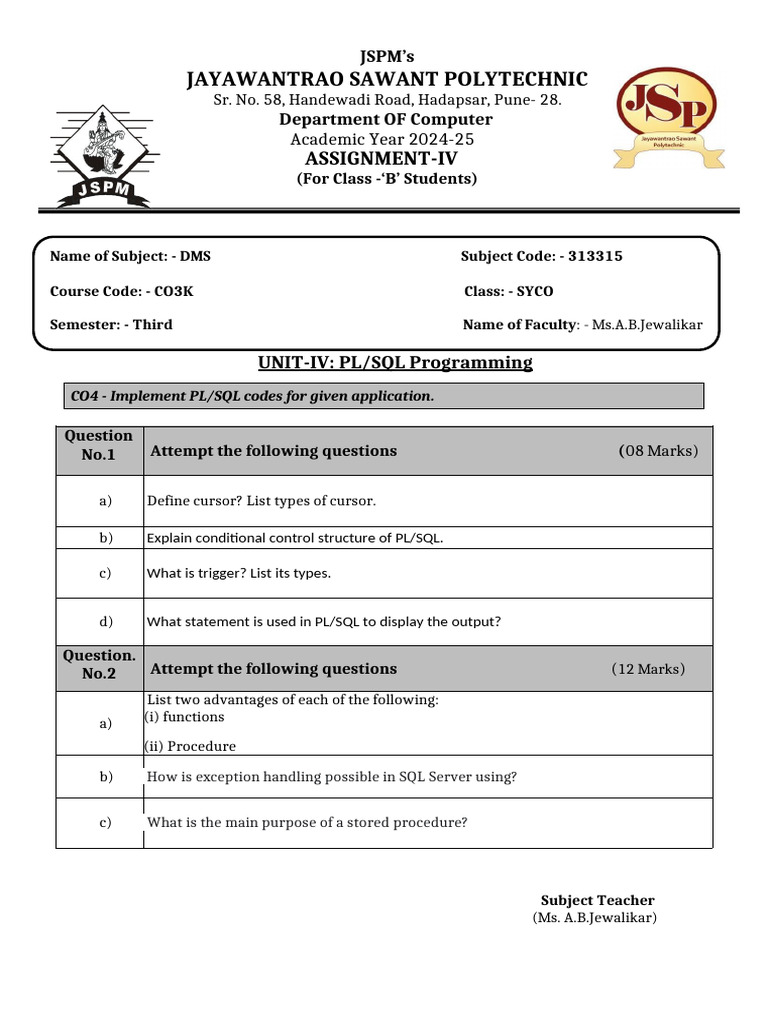 PL/SQL Programming Assignment Questions | PDF