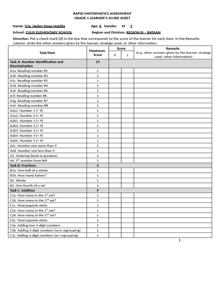 RMA - Grade 1 - Learner's Scoring Sheet | PDF | Learning