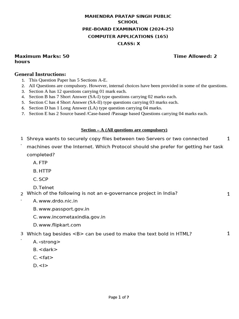 CBSE Class 10th Computer Application Sample Paper 2024 25 | PDF | World ...