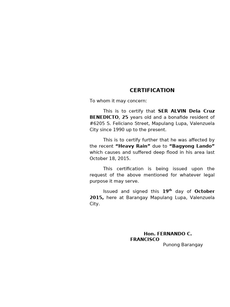 Certification Due To Typhoon | PDF | Politics | Home & Garden