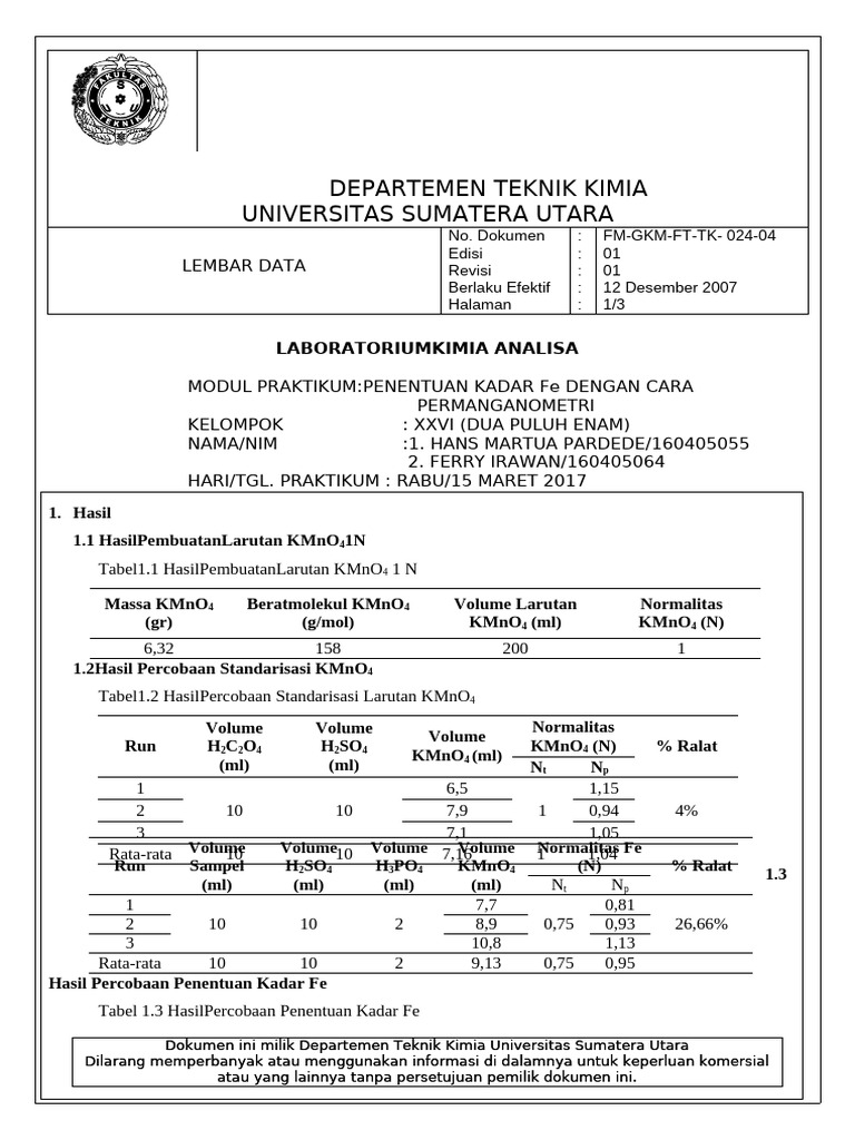 Lembar Data Permanganometri | PDF