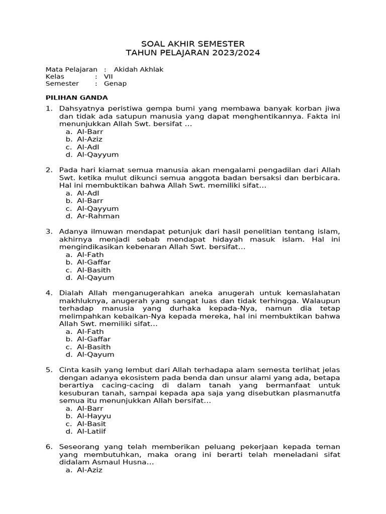 SOAL UAS KLS 7 Akidah Akhlak Sem. Genap | PDF | Agama & Spiritualitas