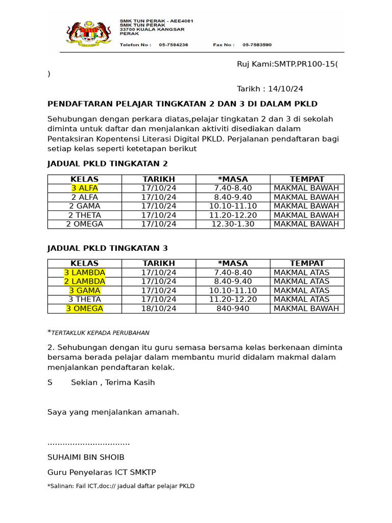 Jadual Daftar Pelajar PKLD | PDF