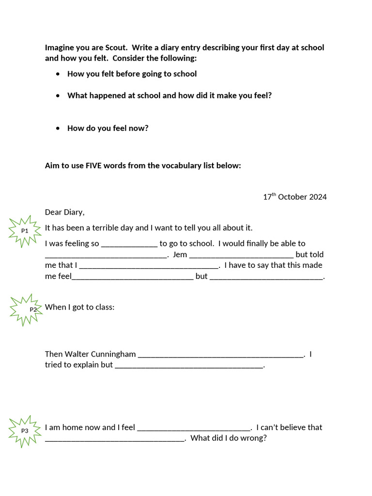 Diary Entry: First Day of School | PDF