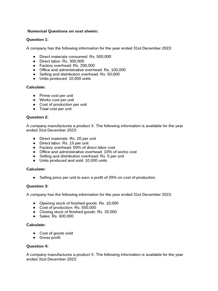 Numerical on cost sheet and balance sheet | PDF | Balance Sheet ...