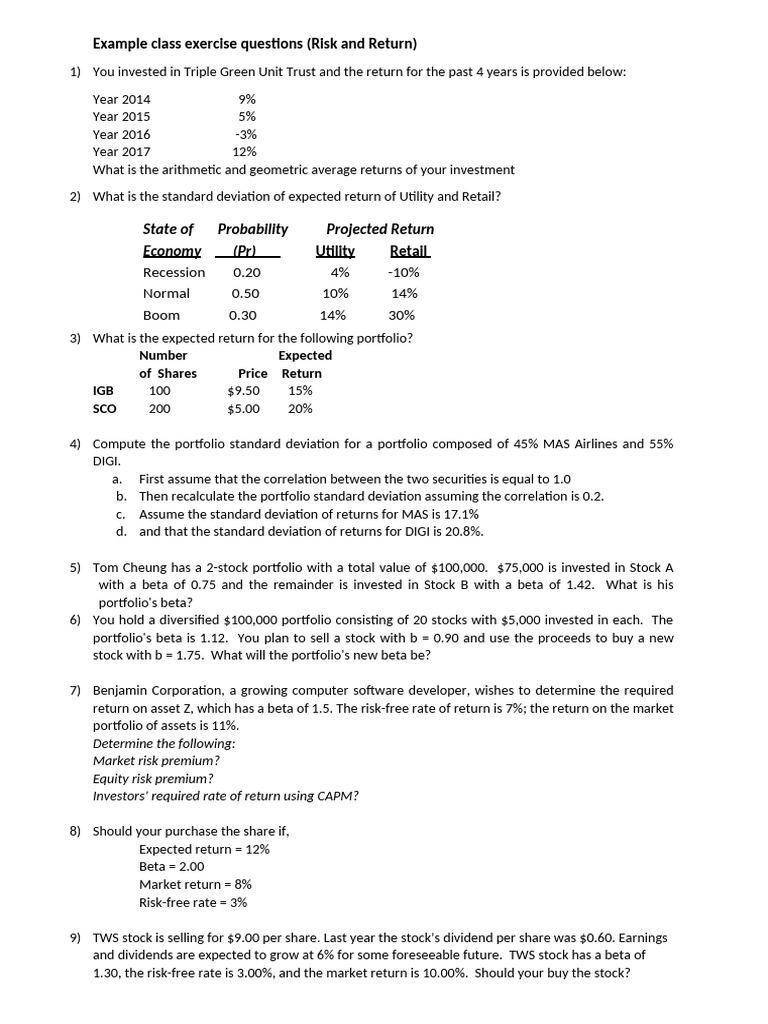 08 Risk and Return Exercise | PDF | Stocks | Beta (Finance)