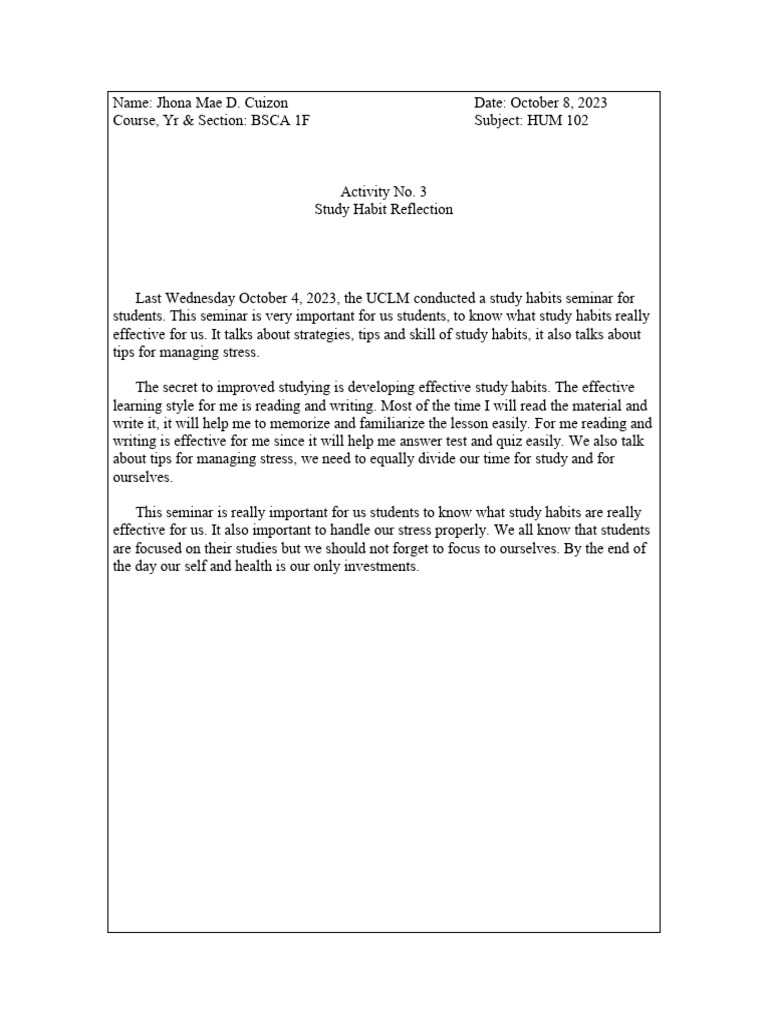 Study Habits Seminar Reflection | PDF