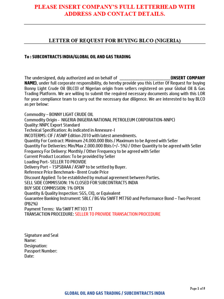 LOI For Buying BLCO (Template) - 0001 | PDF | Distillation | Petroleum
