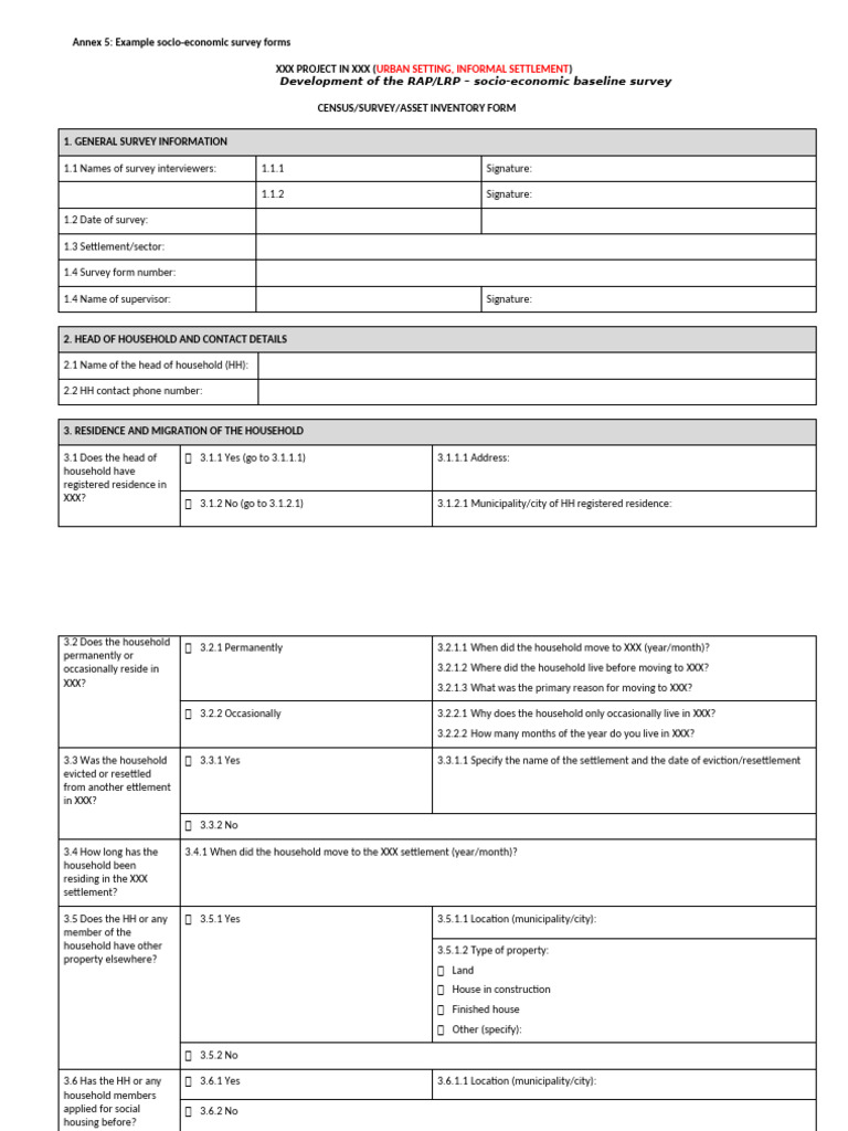 Resettlement Guidance Good Practice Example Socio Economic Survey Form ...