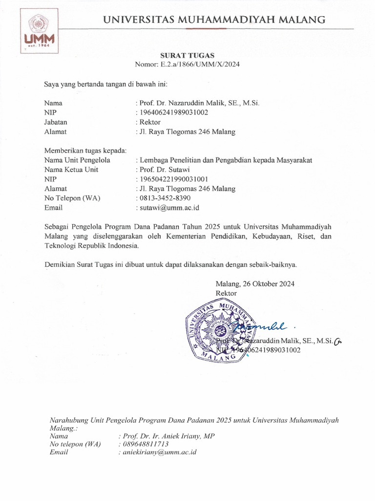 Surat Penunjukan Unit Pengelola Dana Padanan 2025 (LPPM) - 001 | PDF ...