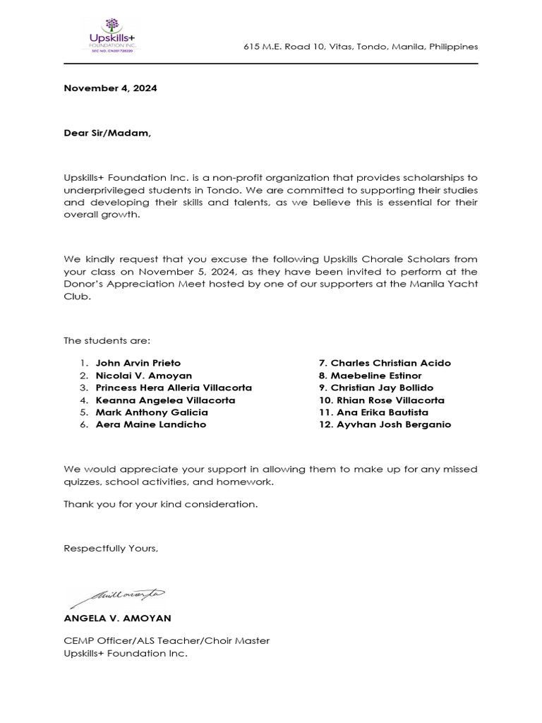 Choir Excuse Letter Nov.5 Abcf Invitation | PDF | Sports & Recreation ...