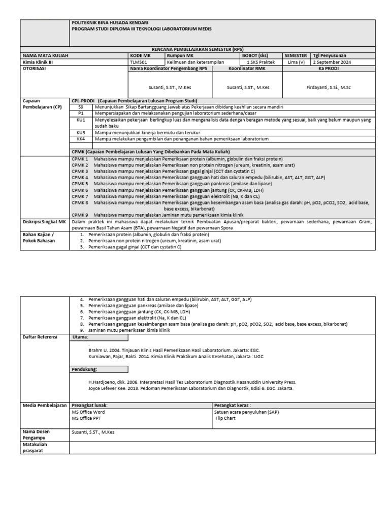 RPS Prak - Kimia Klinik II | PDF