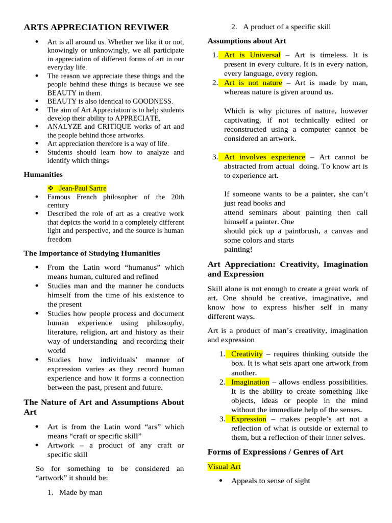 ARTS APPRECIATION REVIWER | PDF | Paintings | Composition (Visual Arts)
