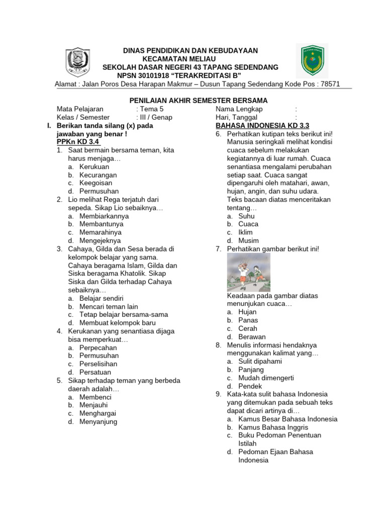 Soal Pas Kelas 3 Tema 5 6 7 8 Mulok | PDF