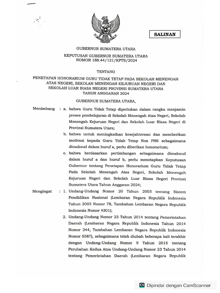 SK Gubernur Prov - SU TTG Penetapan Honorarium GTT | PDF