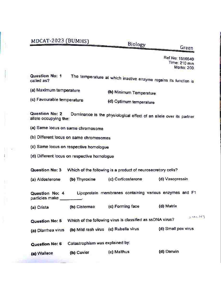 Bumhs Mdcat 2023 Paper (10 MCQS Missing) | PDF