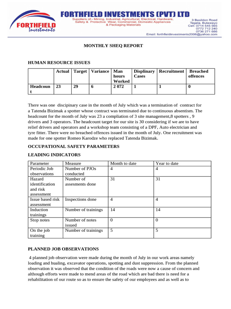 SHEQ Monthly Report July 2024 | PDF | Risk Assessment | Risk