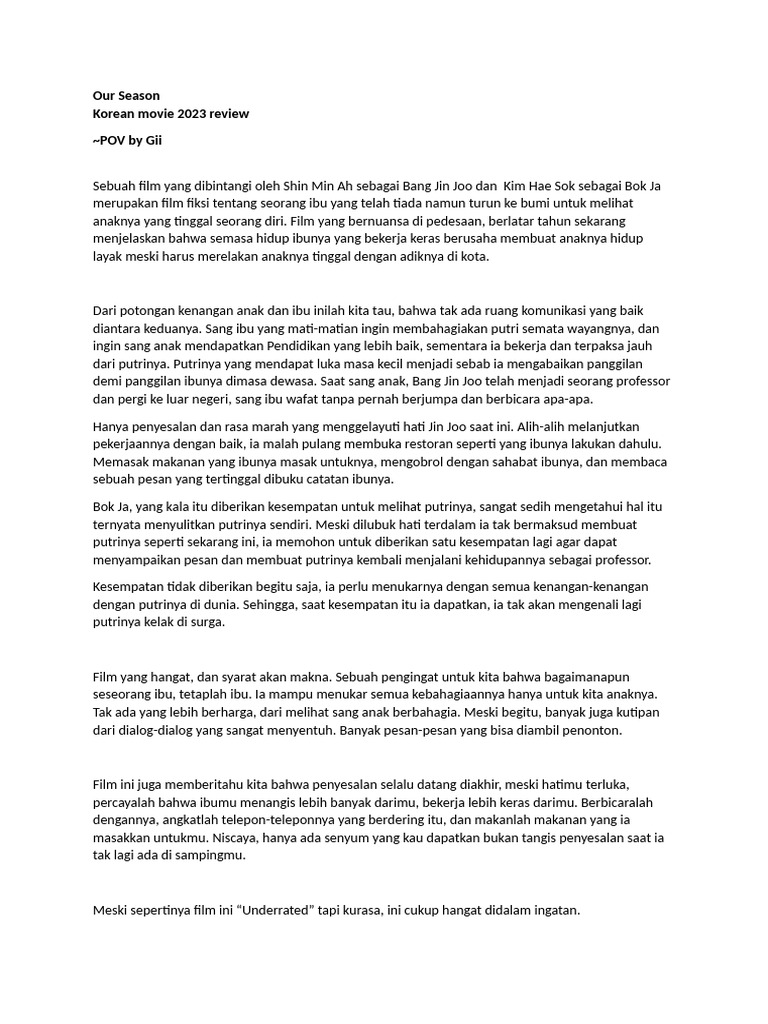 Review Film Korea Our Season 2023 - By Gii | PDF