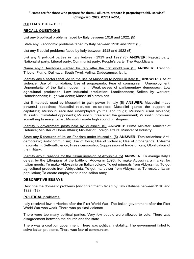 Q 6 ITALY 1918 - 1922 Problems and Rise of Mussolini Only | PDF ...